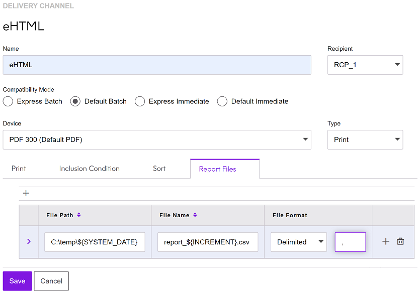Configuring batch report file specifications